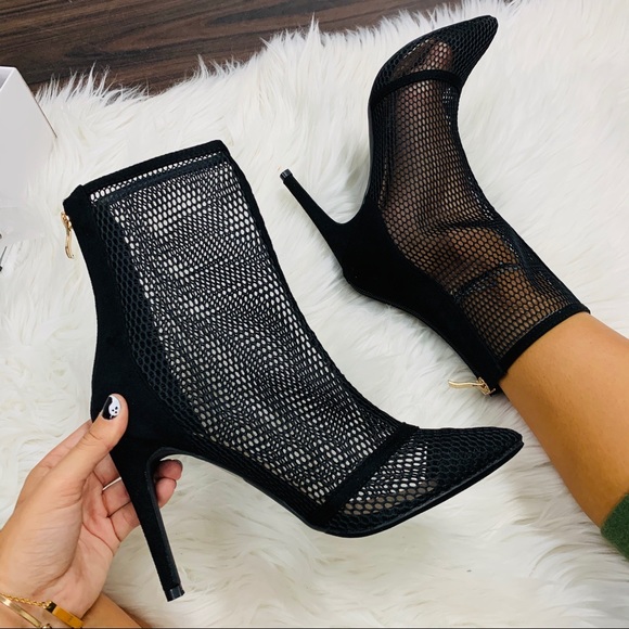 Shoes | Black Mesh Heeled Bootie | Poshmark